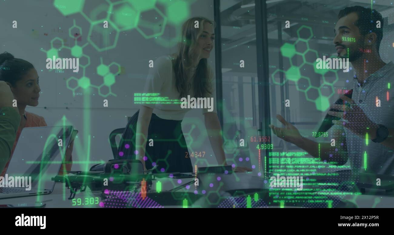 Image of hexagon patterns, graphs, map, computer language, diverse ...