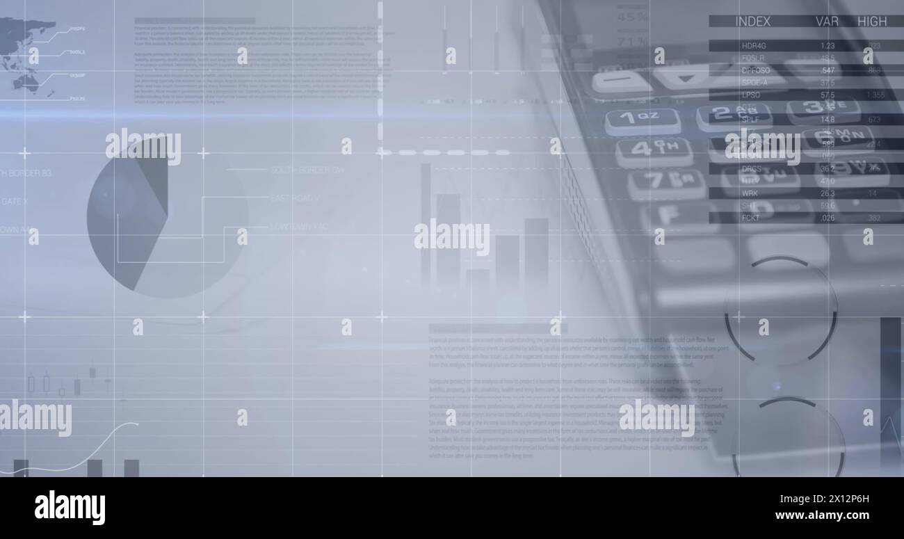 Image of financial data processing over payment terminal on white ...
