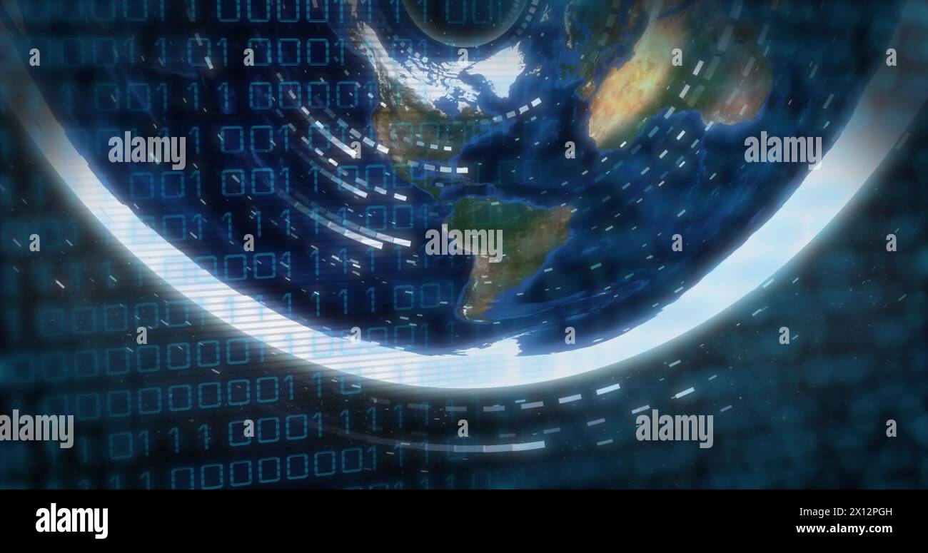 Image of data processing over world map on black background Stock Photo ...