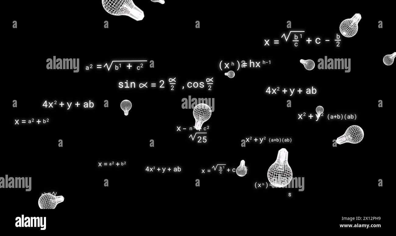 Image of light bulb icons over mathematical equations on black ...