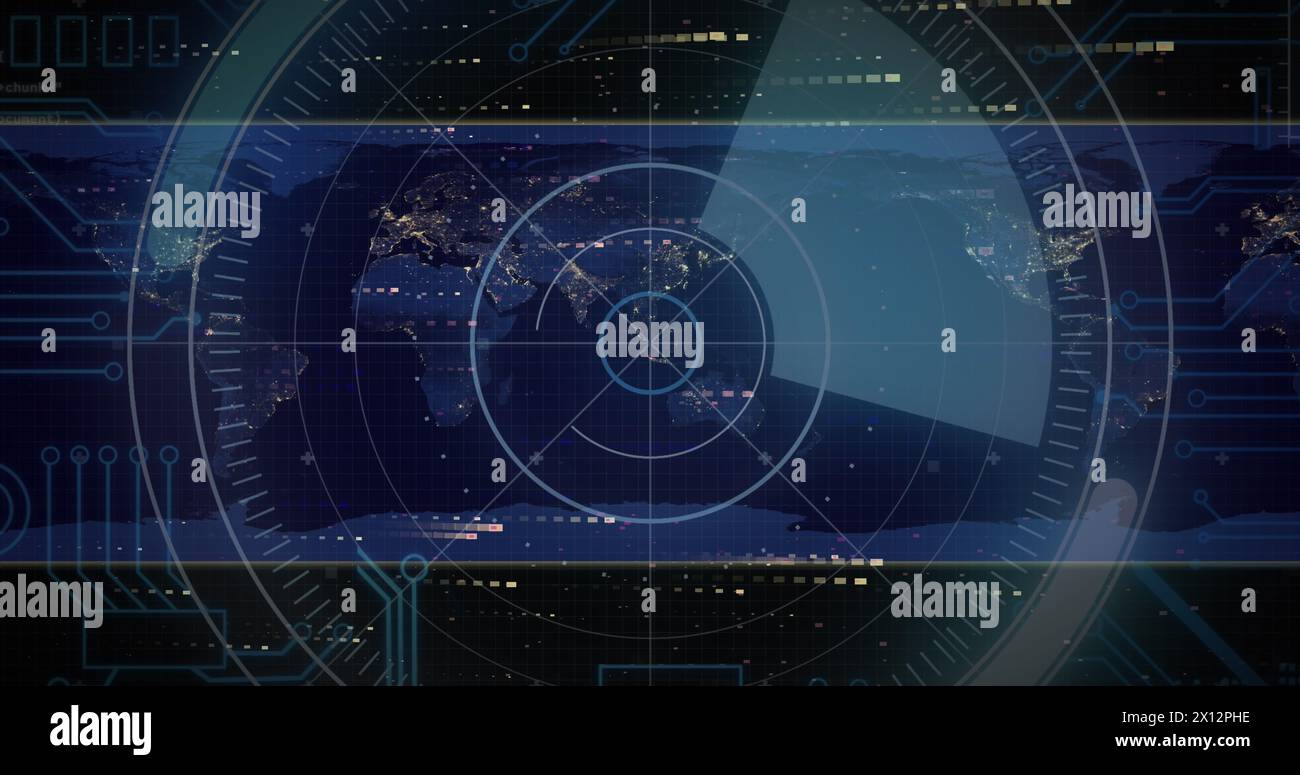 Image of scope scanning and data processing over world map on black background Stock Photo - Alamy