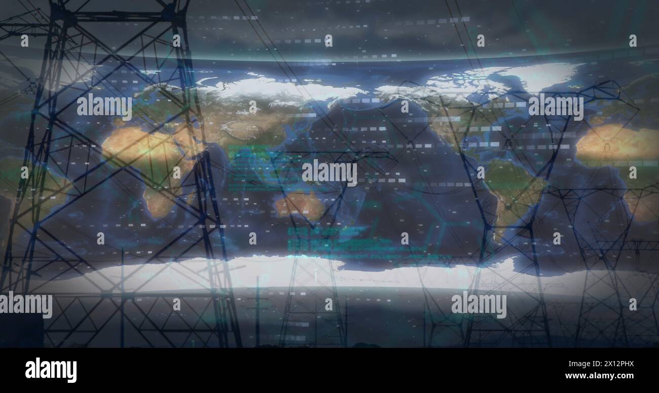 Image of data processing and electricity pylons over world map Stock ...