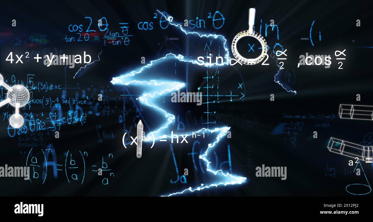 Image of icons over mathematical equations and lightning on black ...