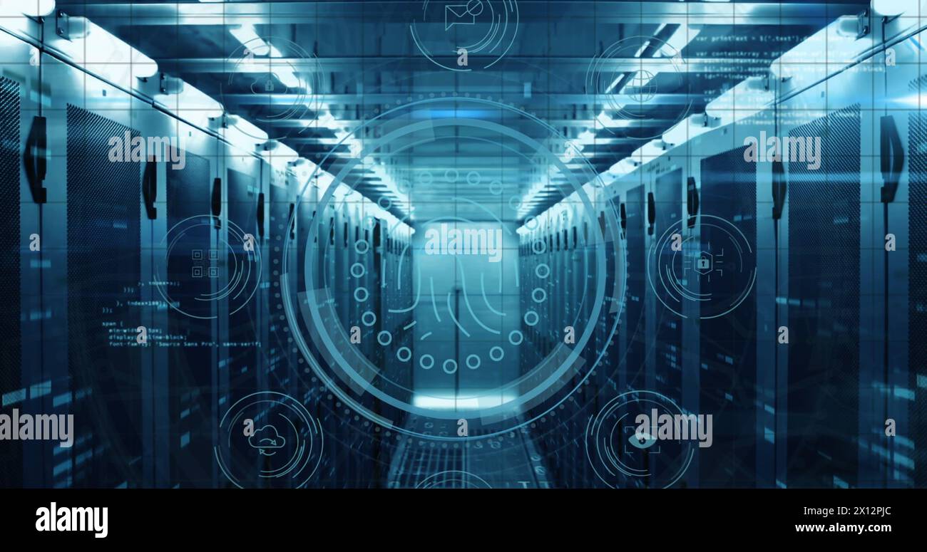 Image of data protection text, fingerprint in circles, icons, computer language on server room ...