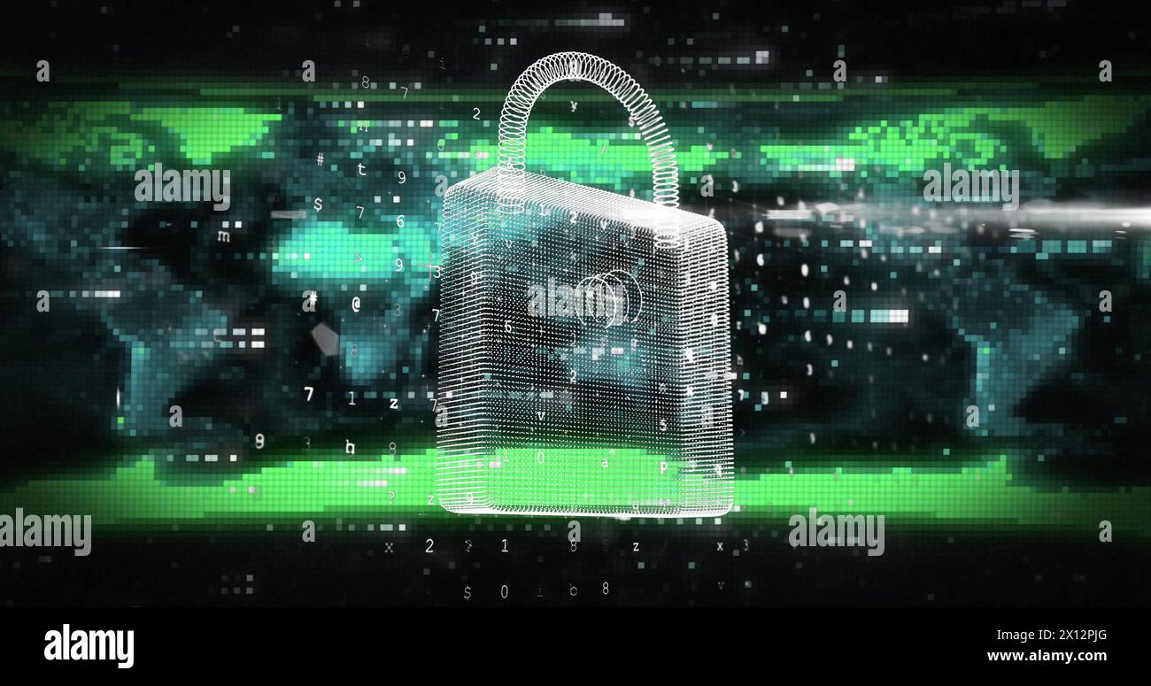 Image of padlock icon and data processing over world map on black ...