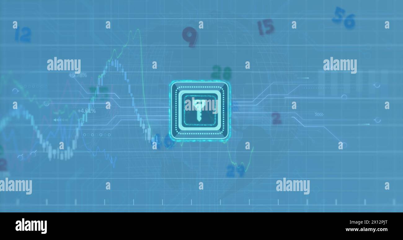 Image of key in squares, multiple graphs with changing numbers, circuit board pattern on numbers ...