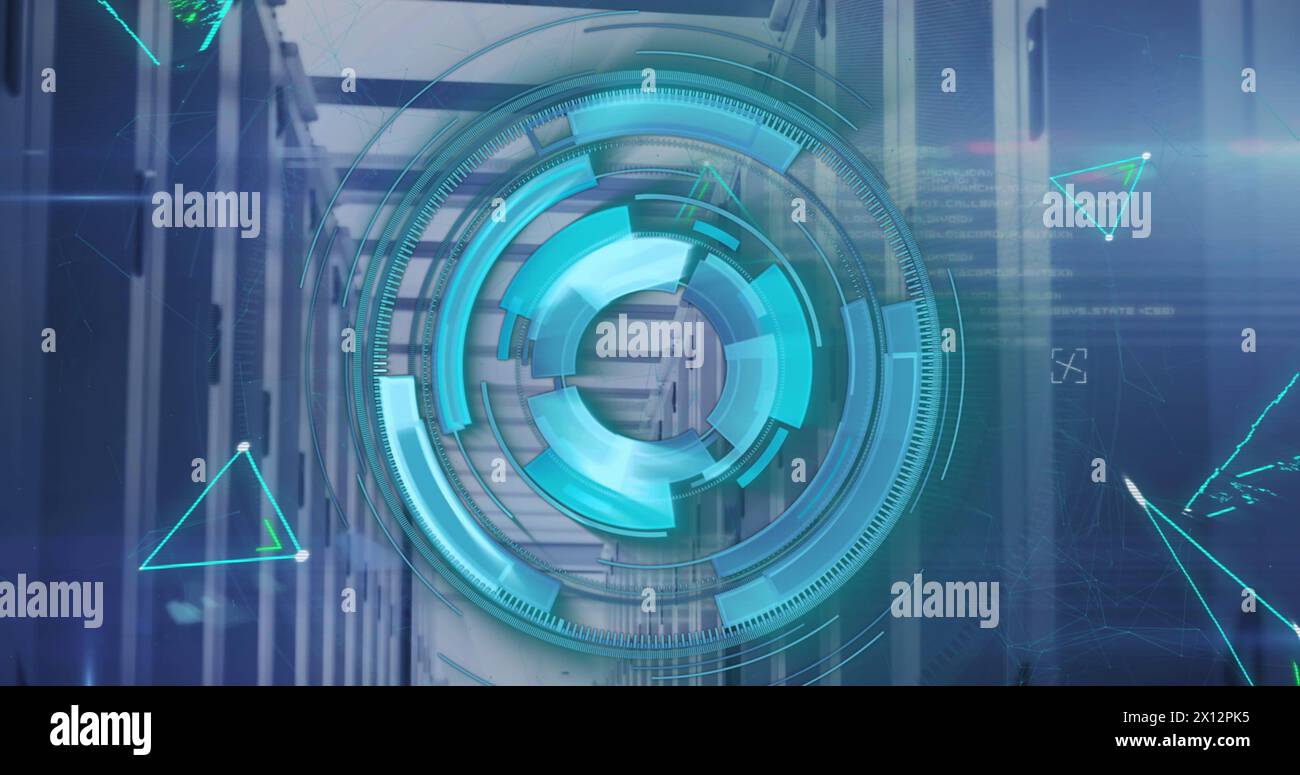 Image of loading circles over connected dots forming shapes against server room Stock Photo - Alamy