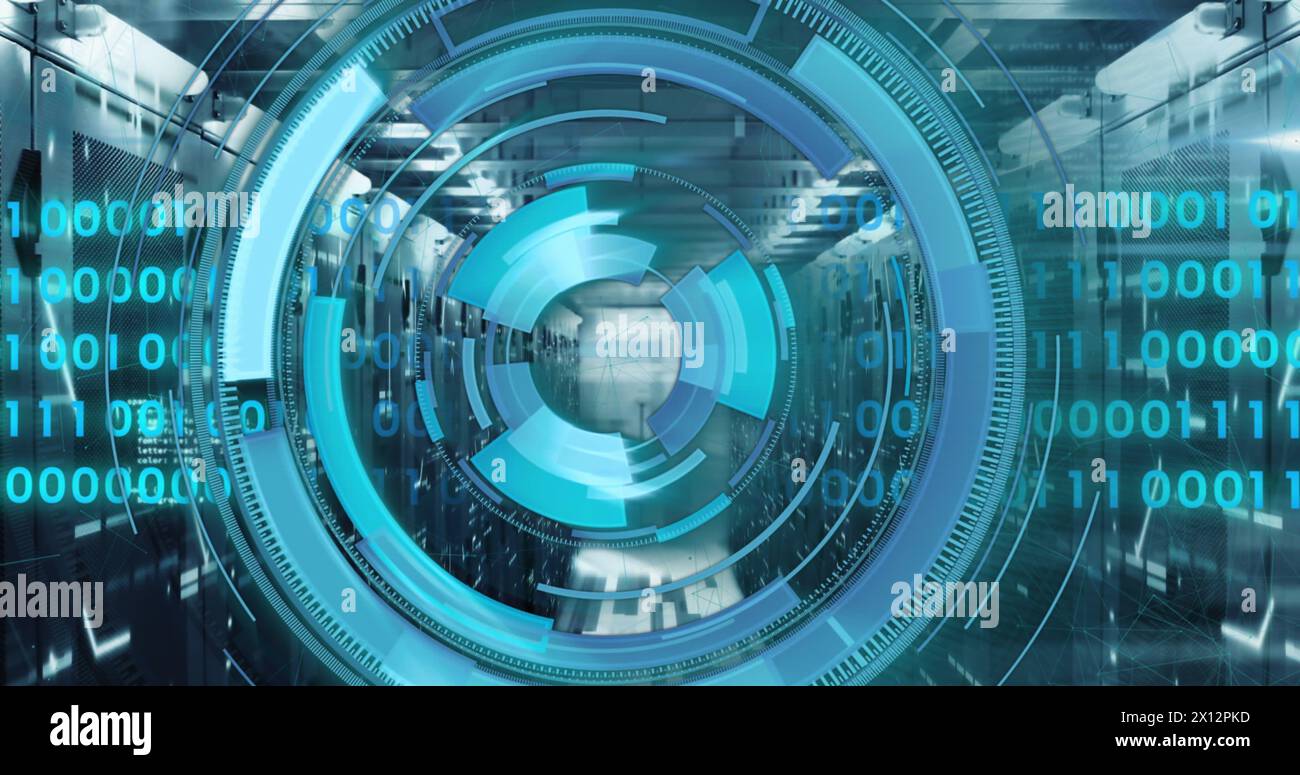 Image of loading circles over binary codes against bars on server room ...
