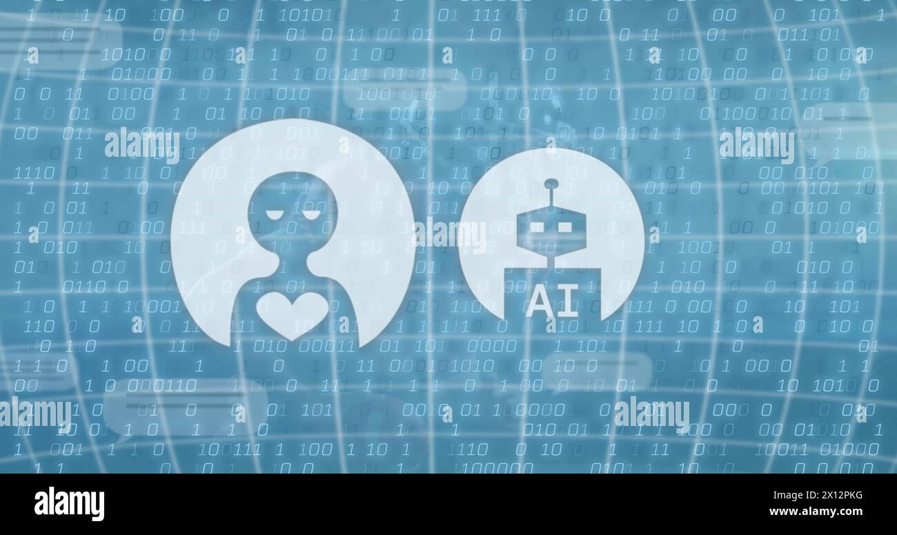 Image of ai text in robot, heart in alien over globe against binary ...