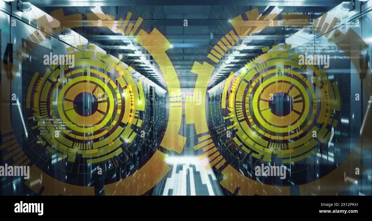 Image Of Loading Circles Over Computer Language Against Bars On Server