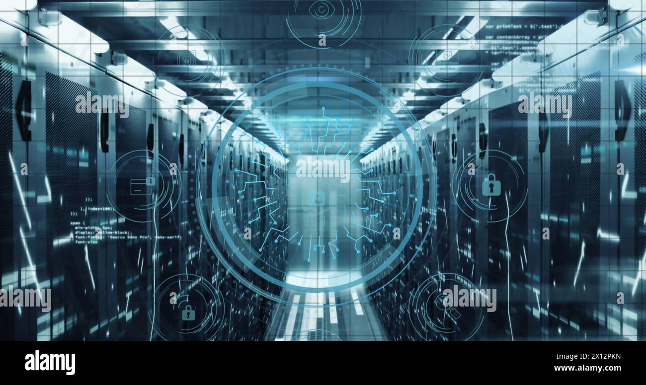 Image Of Cyber Security Text Padlock In Circle With Icons Over Computer Language On Server Room 3108