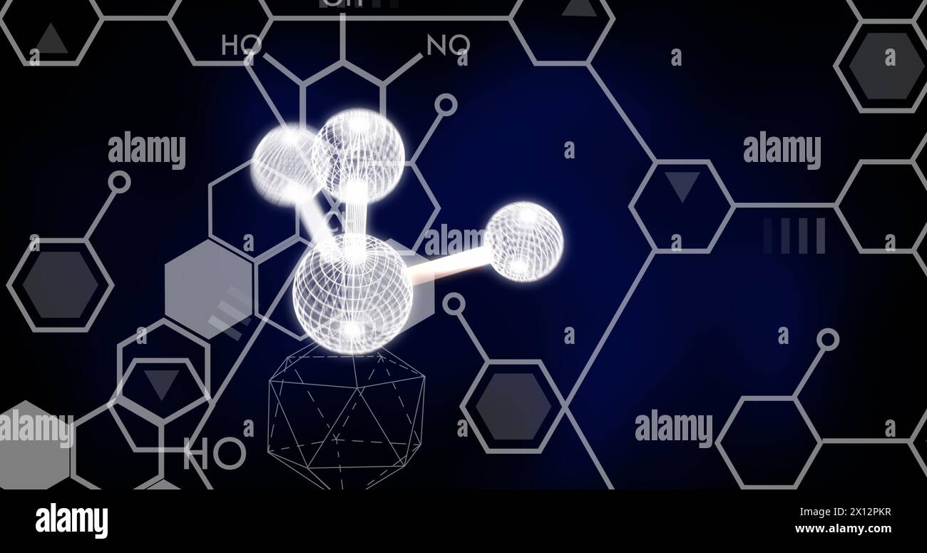 Image of molecule over chemical formula on black background Stock Photo ...