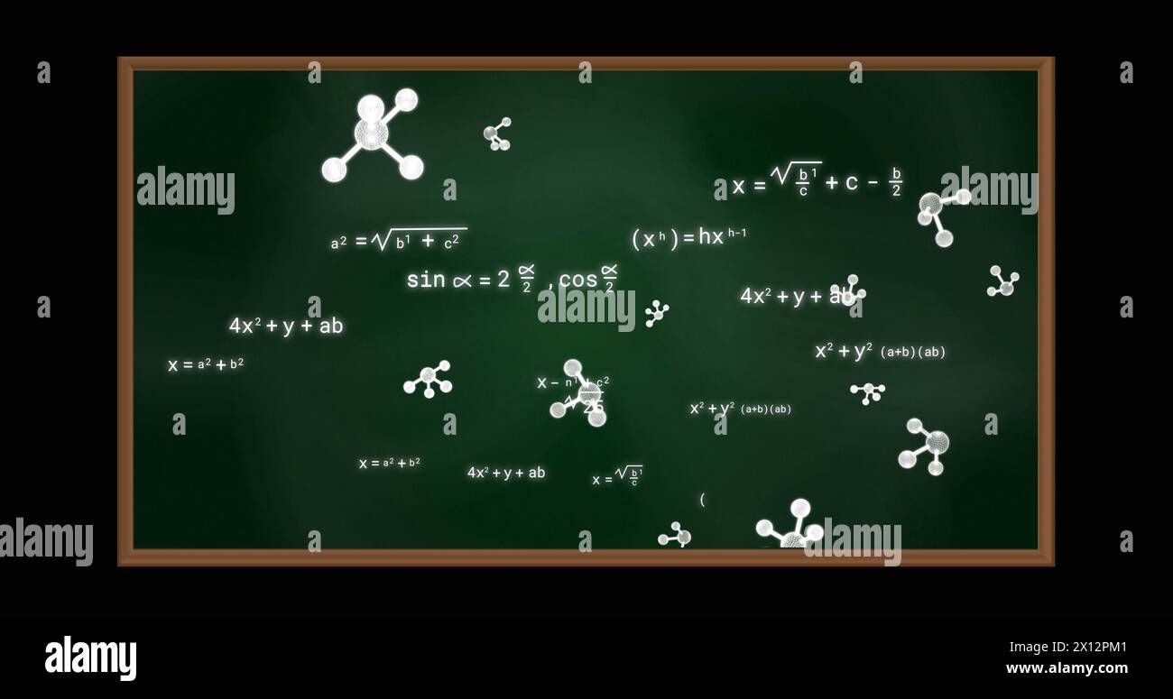 Image of molecules and mathematical equations over board on black ...