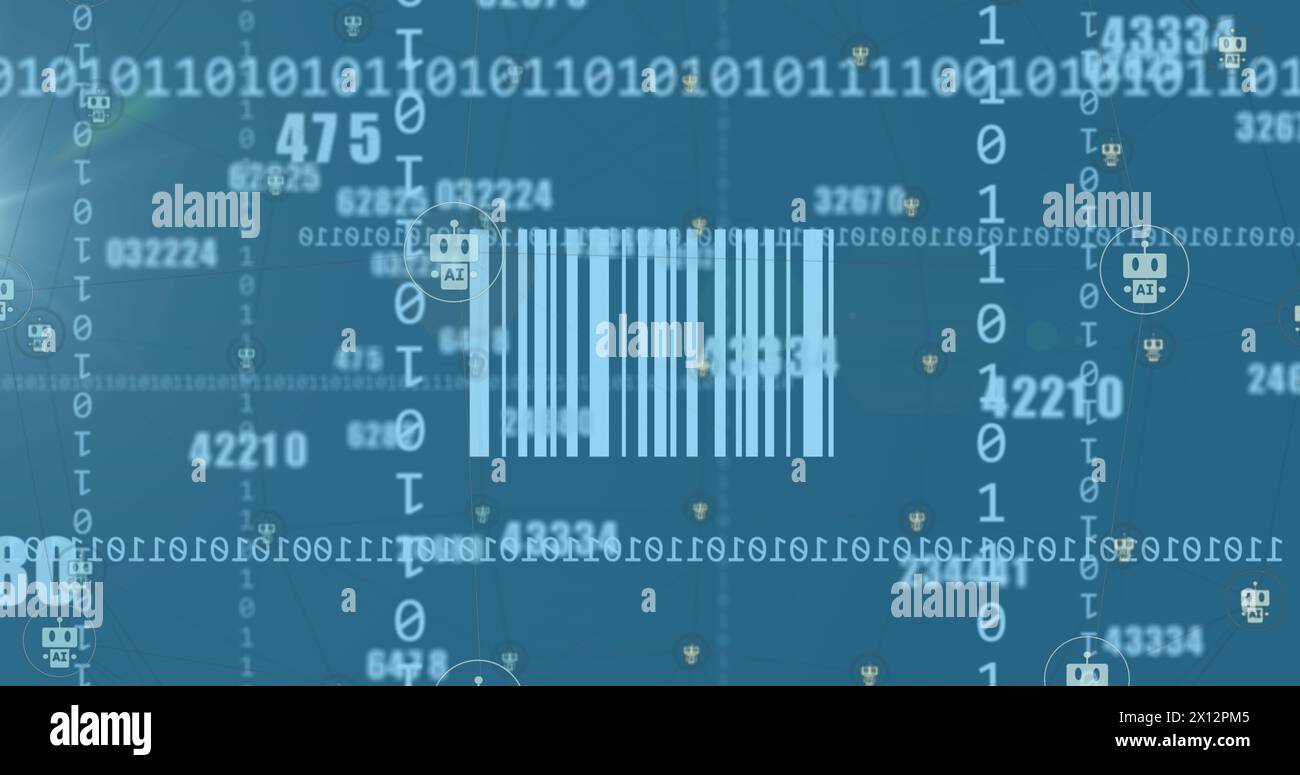 Image of changing numbers over icons and qr code against binary codes on blue background ...