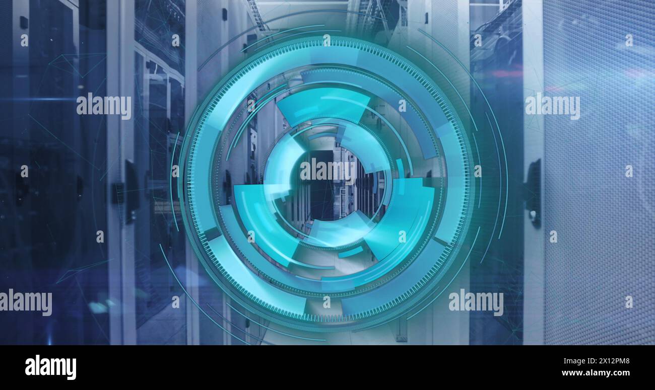 Image Of Loading Circles And Computer Language Over Server Room Stock
