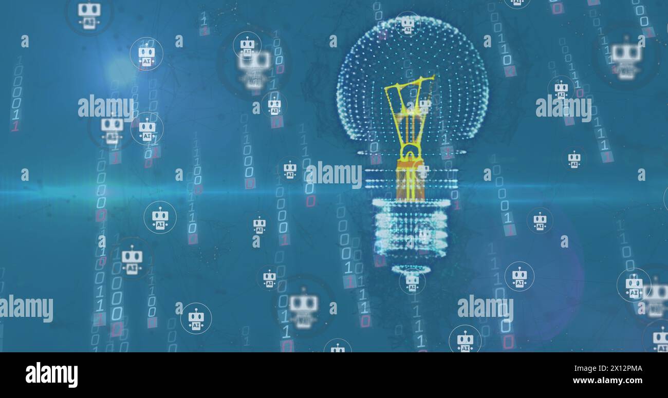 Image of 3d light bulb over robot icons against falling binary codes on ...