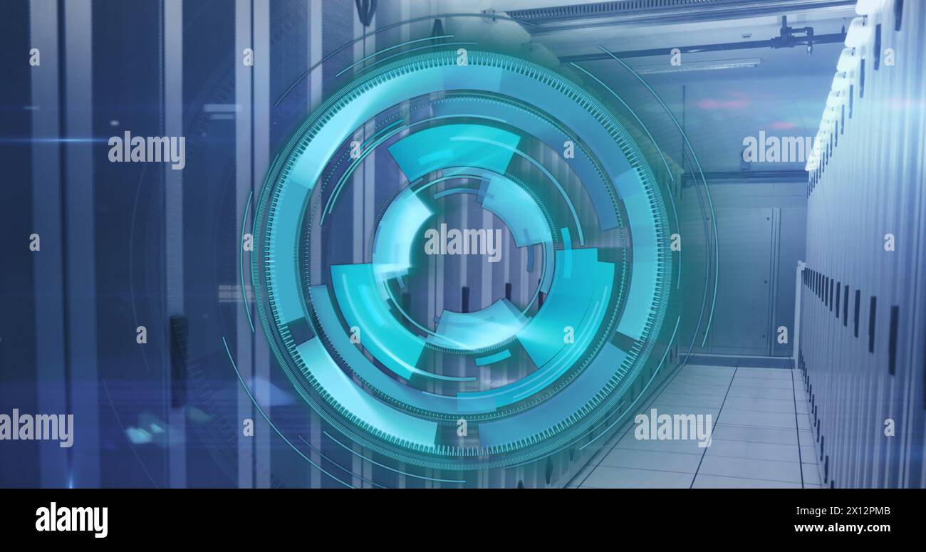 Image of loading circles over computer language against server room in background Stock Photo ...