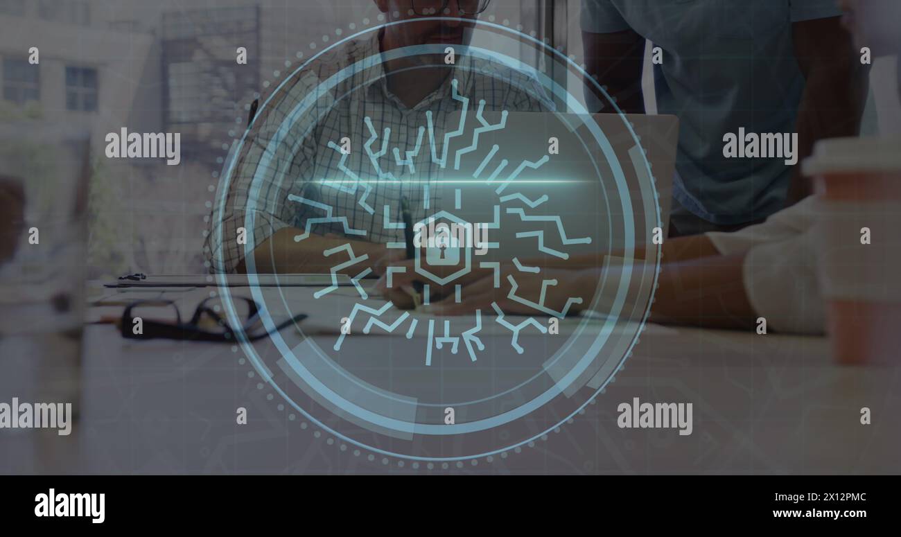 Image of cyber security text, lock icon, diverse colleagues analyzing ...