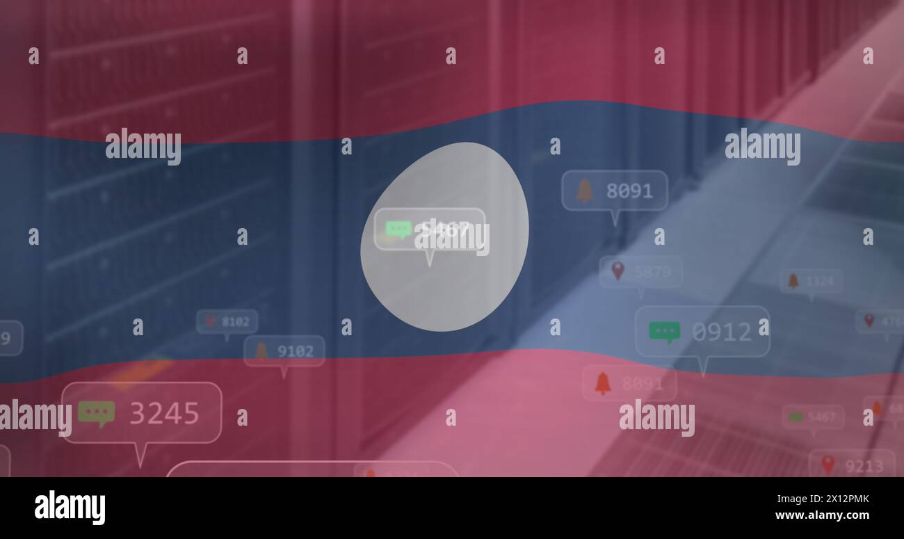 Image of numbers and icon in notification bars over flag of laos ...