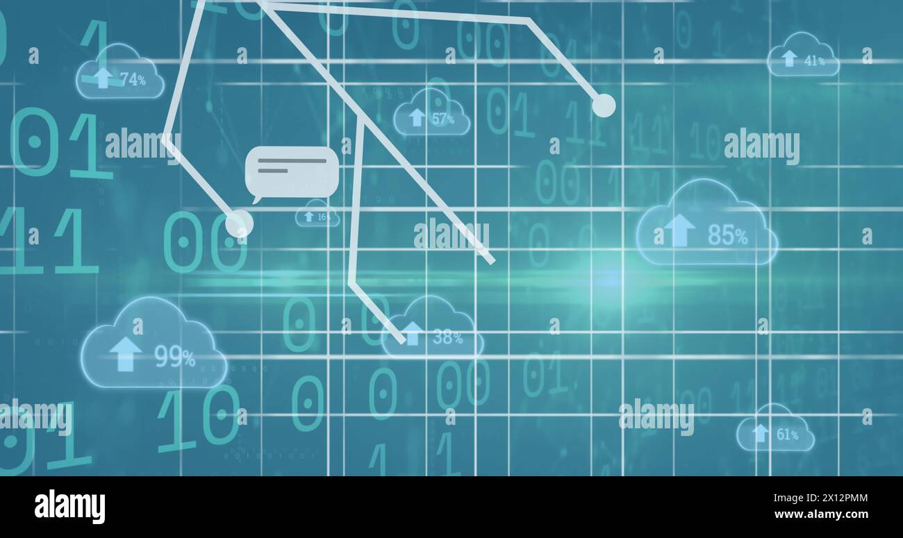 Image of arrow, countdown from 0 to 100 in clouds against binary codes ...
