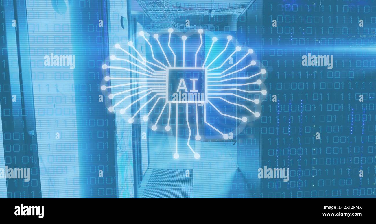 Image of binary codes over ai text in chip against server room in ...