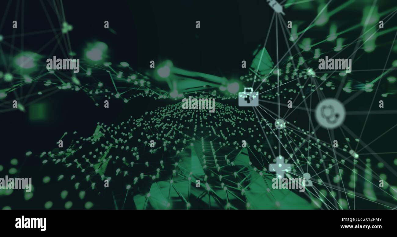 Network of media icons over grid of connected shapes and glowing data ...