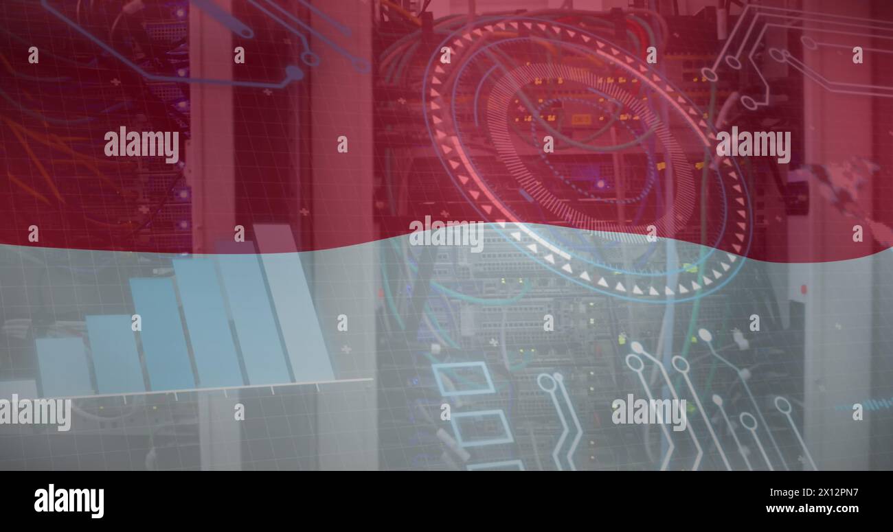 Image Of Graph Loading Circles And Circuit Board Pattern Over Indonesian Flag Over Data Systems