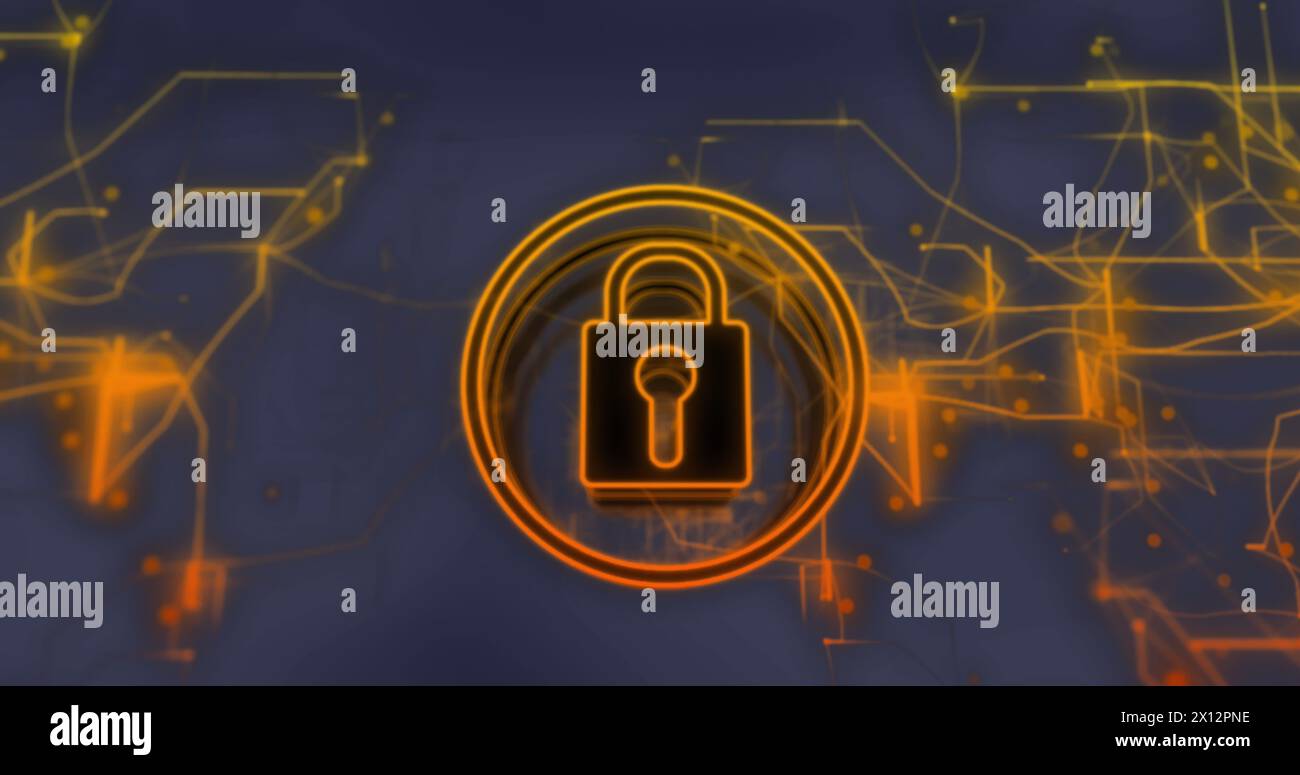 Image of security padlock icon and yellow light trails against grey ...