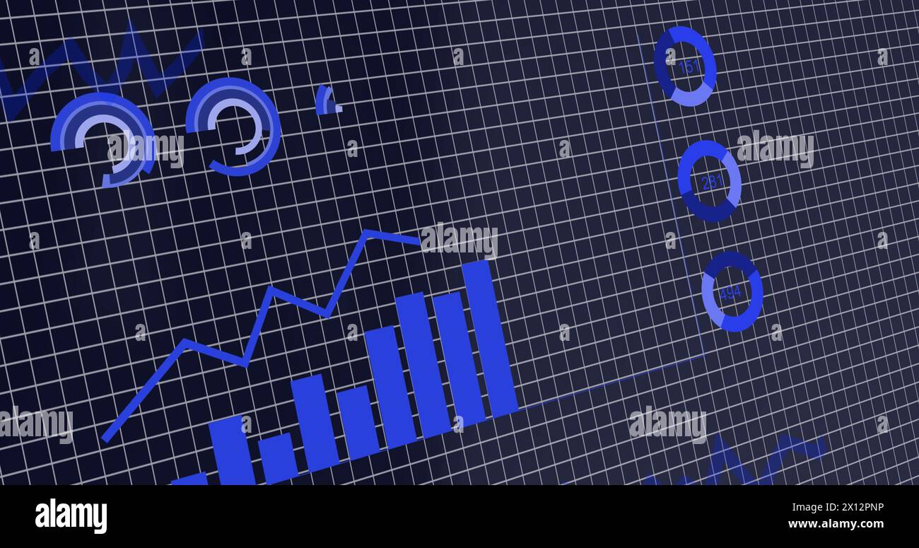 Image of multiple graphs, loading circles and grid pattern over black background Stock Photo - Alamy