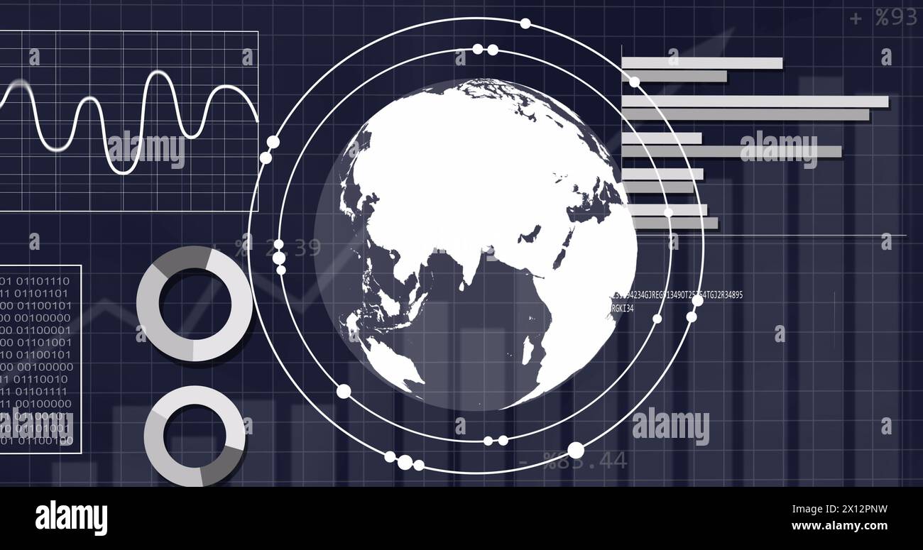 Image of interface with spinning globe and statistical data processing against blue background ...