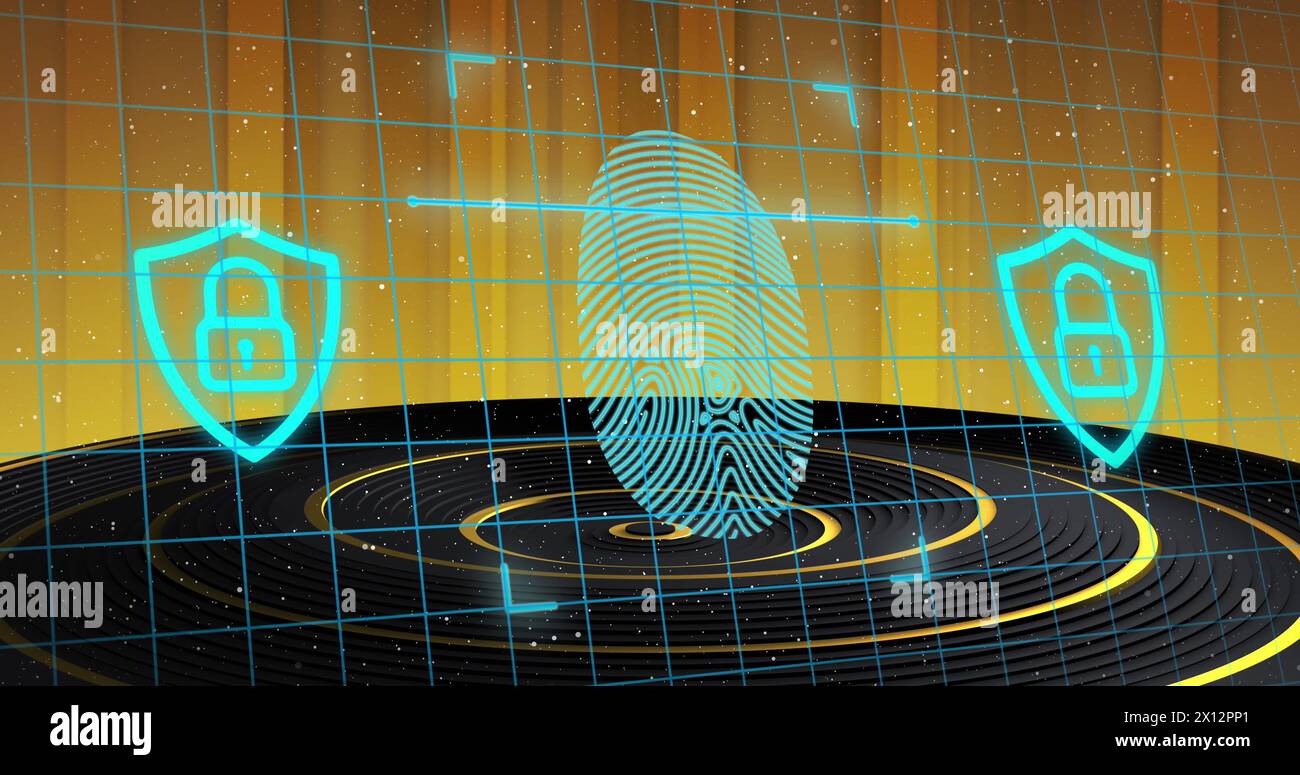 Animation biometric fingerprint icons over hi-res stock photography and ...