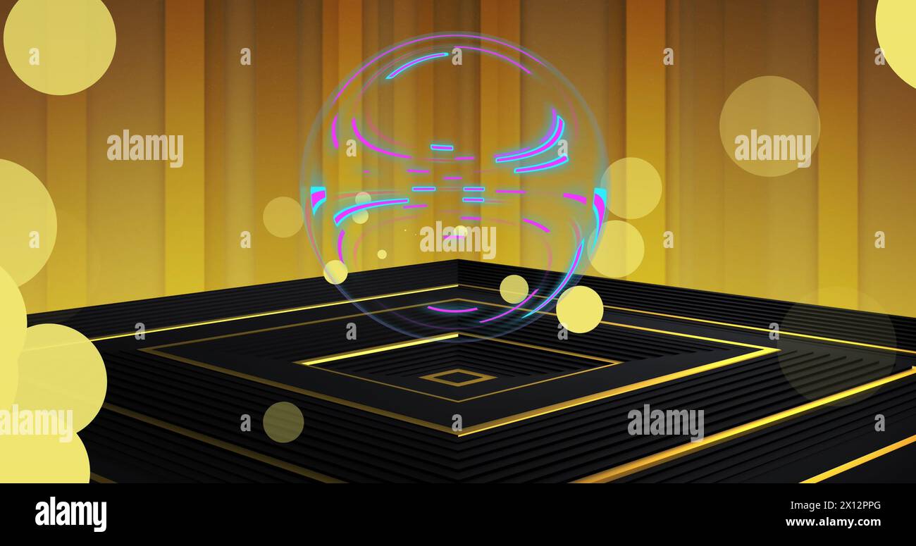 Yellow light spots and spinning globe of processing data over black ...
