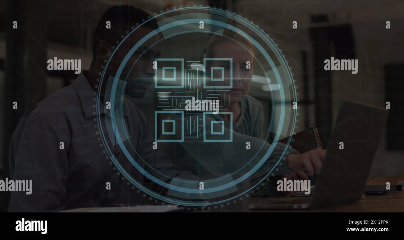 Image of cyber security text, barcode icon, diverse woman discussing ...