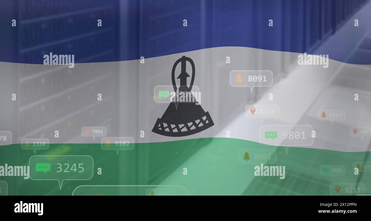 Image of numbers and icon in notification bars over lesotho flag ...