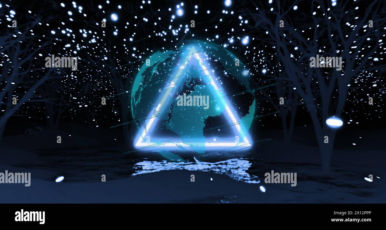 Glowing triangle outline over globe and path lit by lights in tress at ...