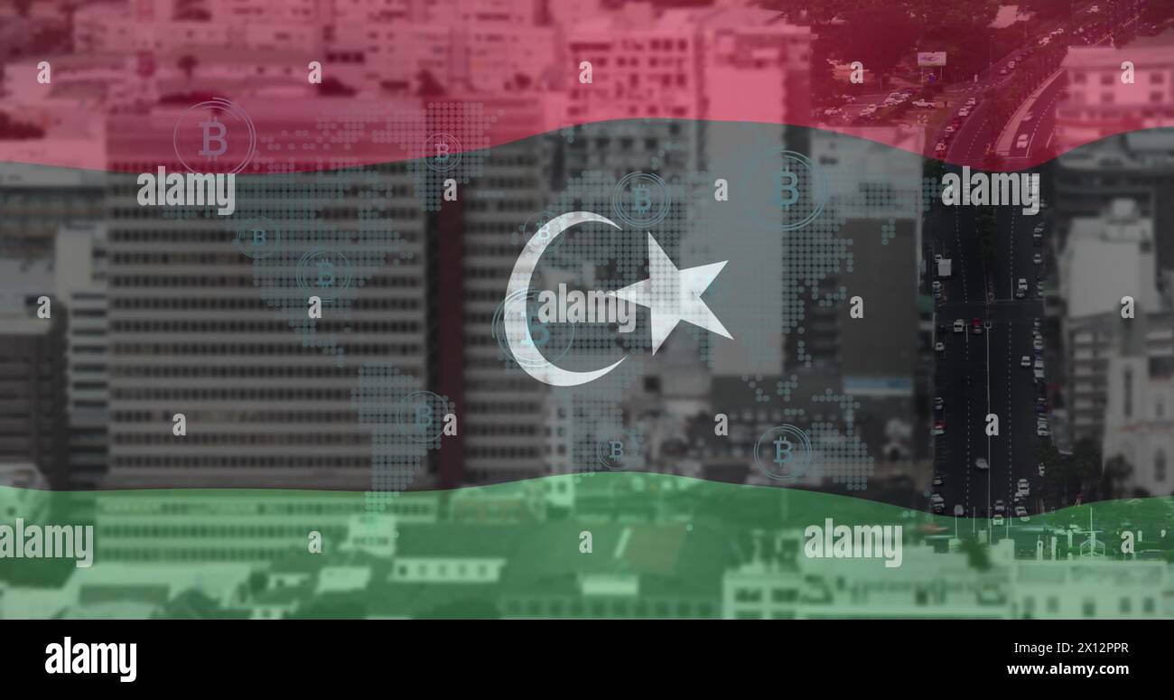 Image of map and bitcoin icons over flag of libya against time-lapse of ...