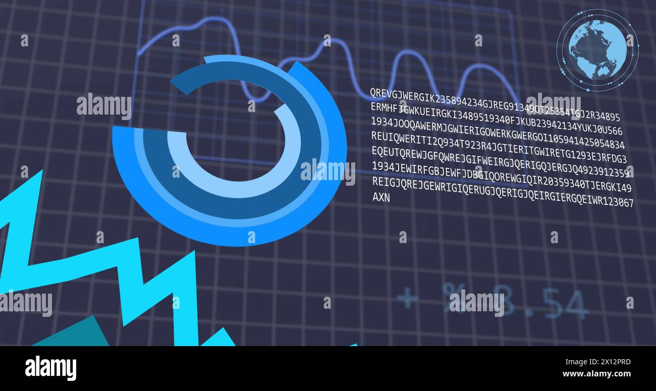 Image of graphs, loading circles, changing numbers, letters, globe over black background Stock ...