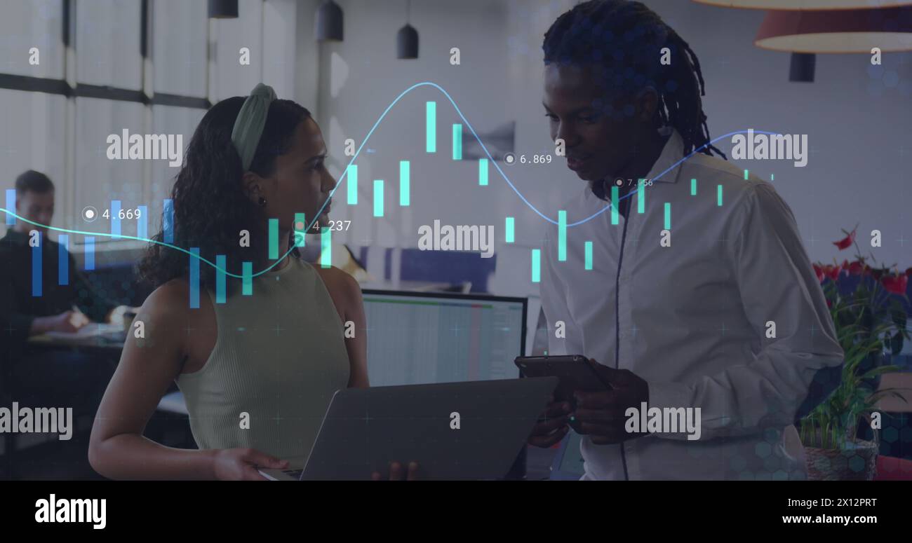 Image Of Statistical Data Processing Against Diverse Man And Woman