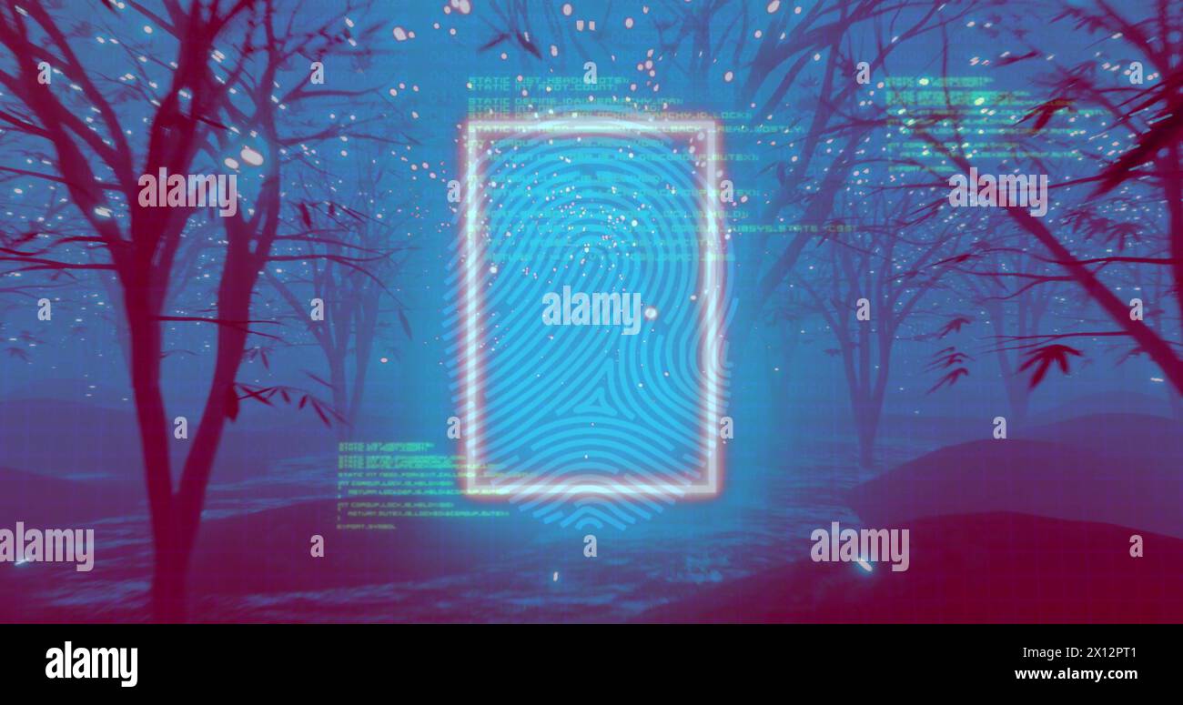 Biometric fingerprint interface over lights in trees on path at night ...