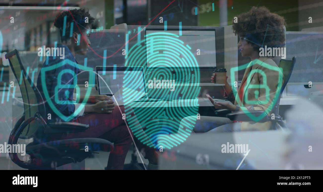 Image of fingerprint scanner and data processing over two diverse women ...