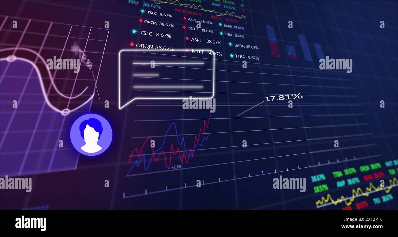 Image of icons and message box with multiple graphs and trading boards ...