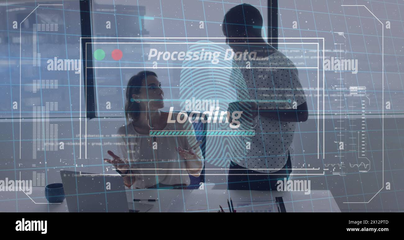 Image of fingerprint scanner, data processing over two diverse women ...