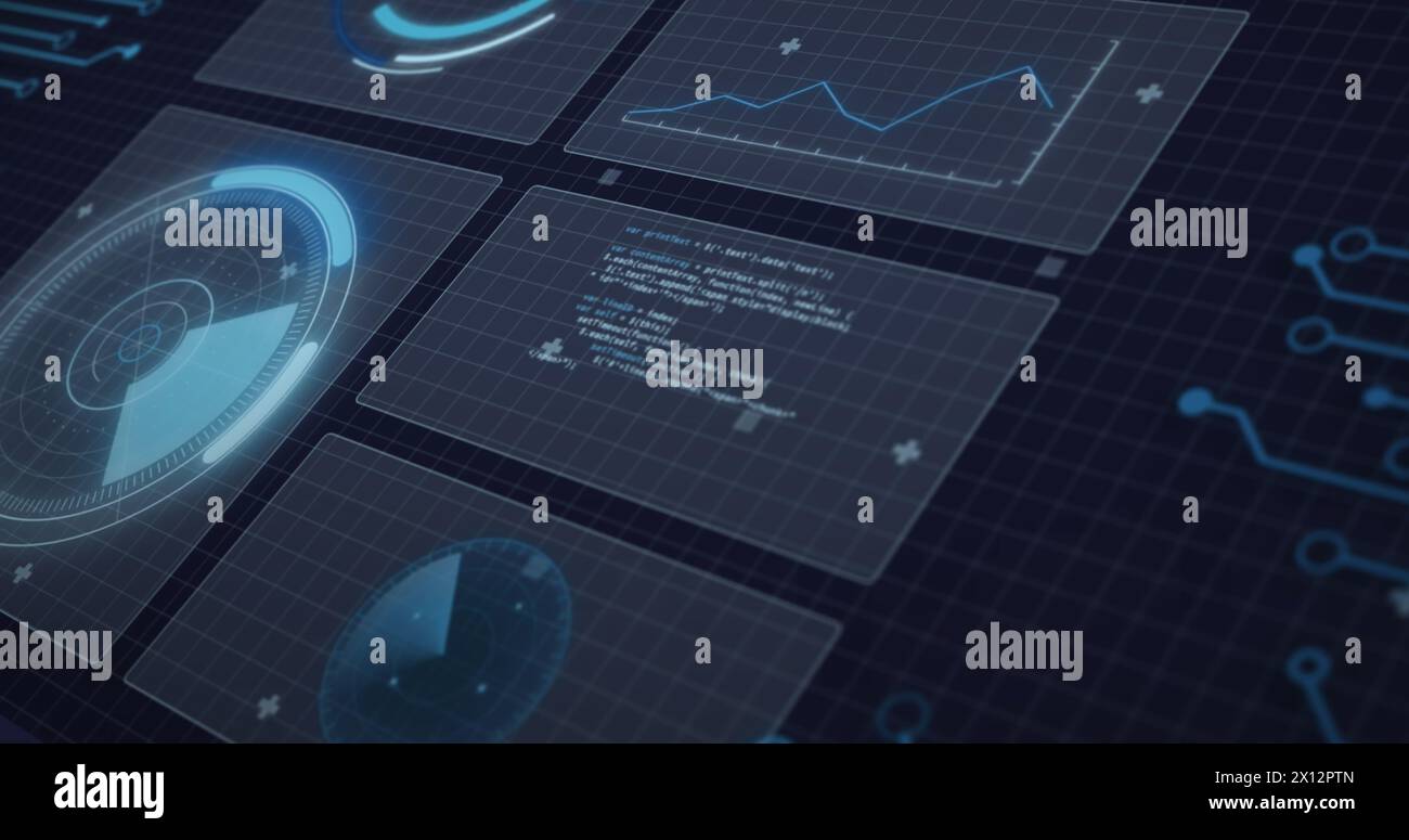 Image of radars, graphs, loading circles, circuit board pattern and computer language Stock ...