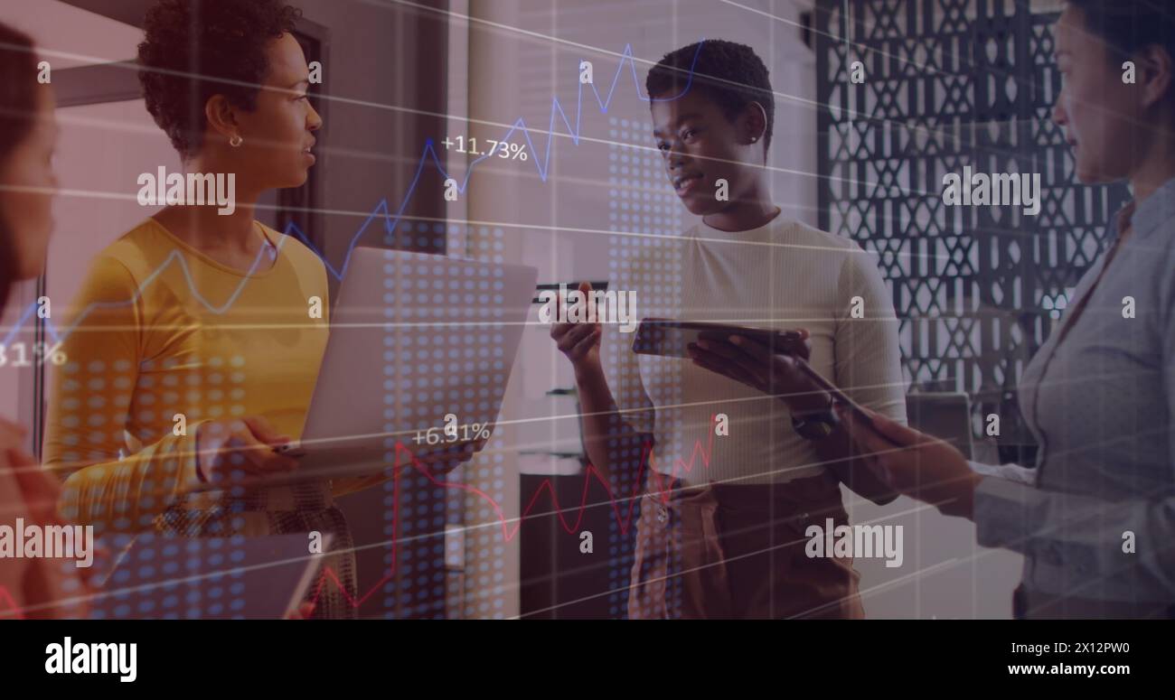 Image Of Statistical Data Processing Against Three Diverse Women Discussing Together At Office