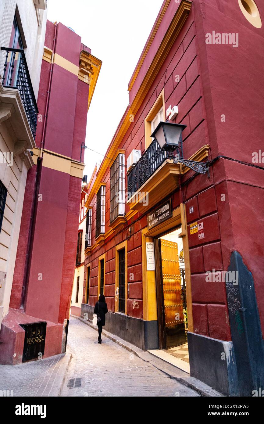 Red and yellow buildings in Calle Argote de Molina, Seville, Spain ...