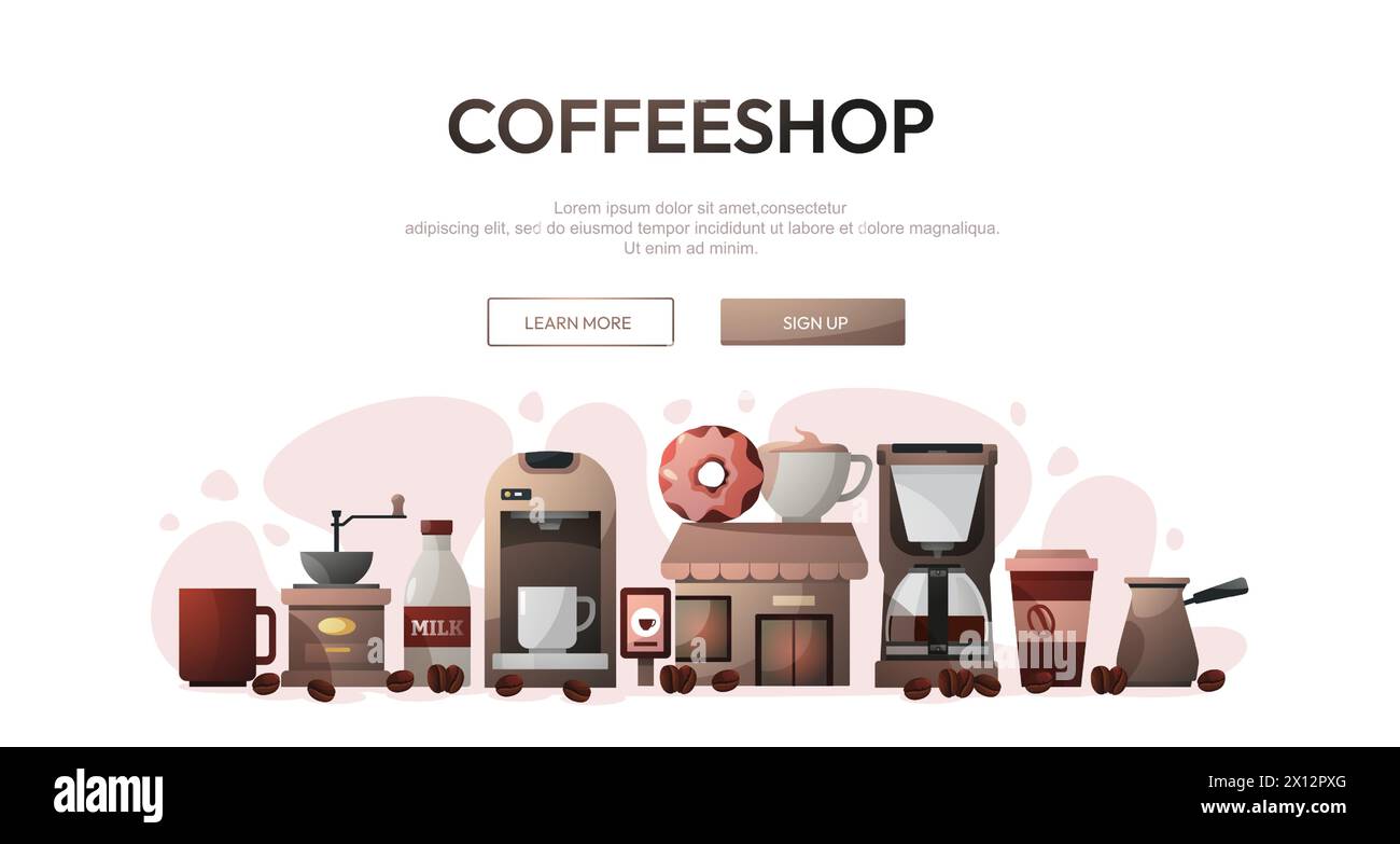 Coffee webpage concept. Modern web banner with coffee shop cafe ...