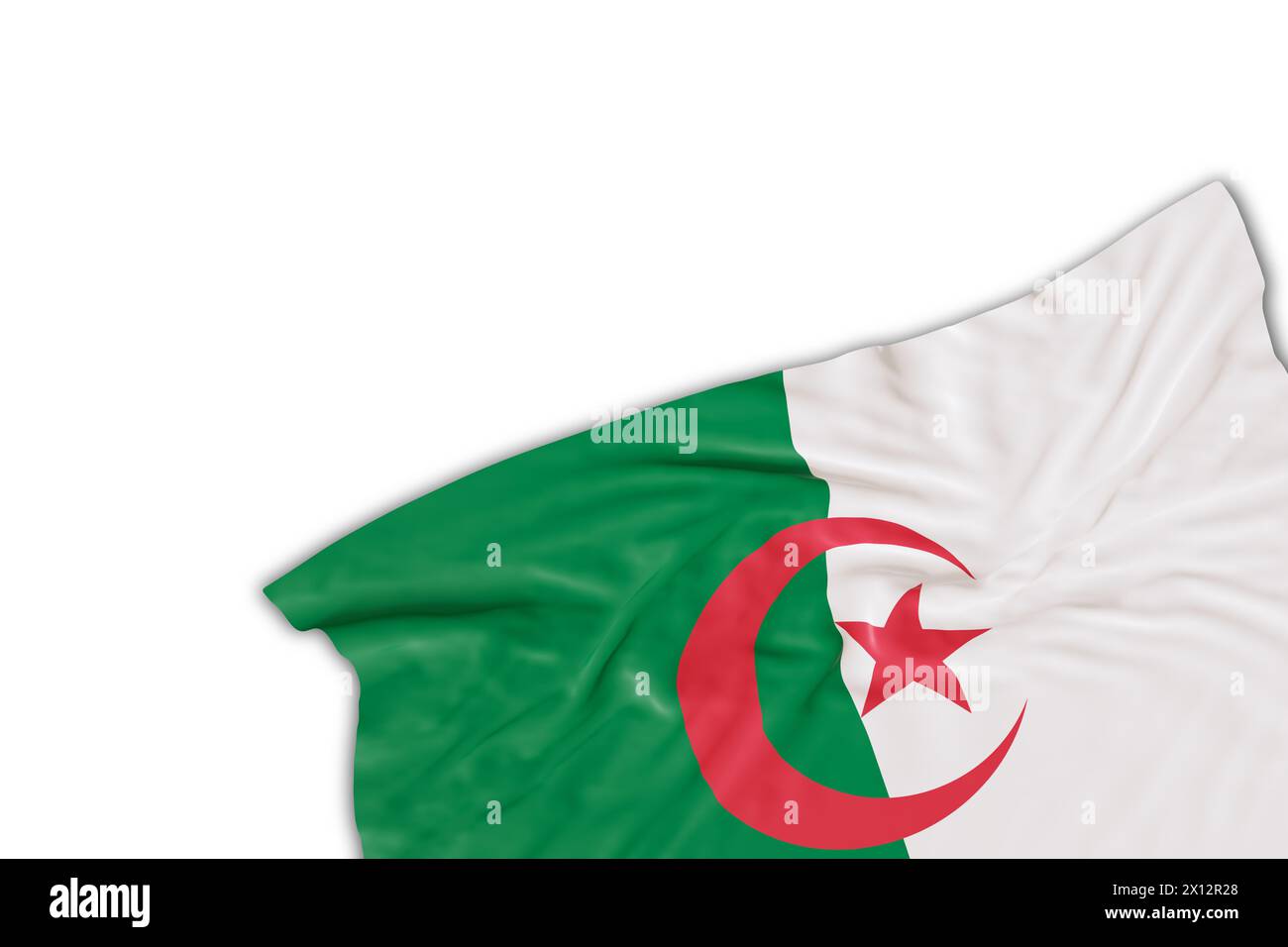 Realistic flag of Algeria with folds, isolated on white background. Footer, corner design ...