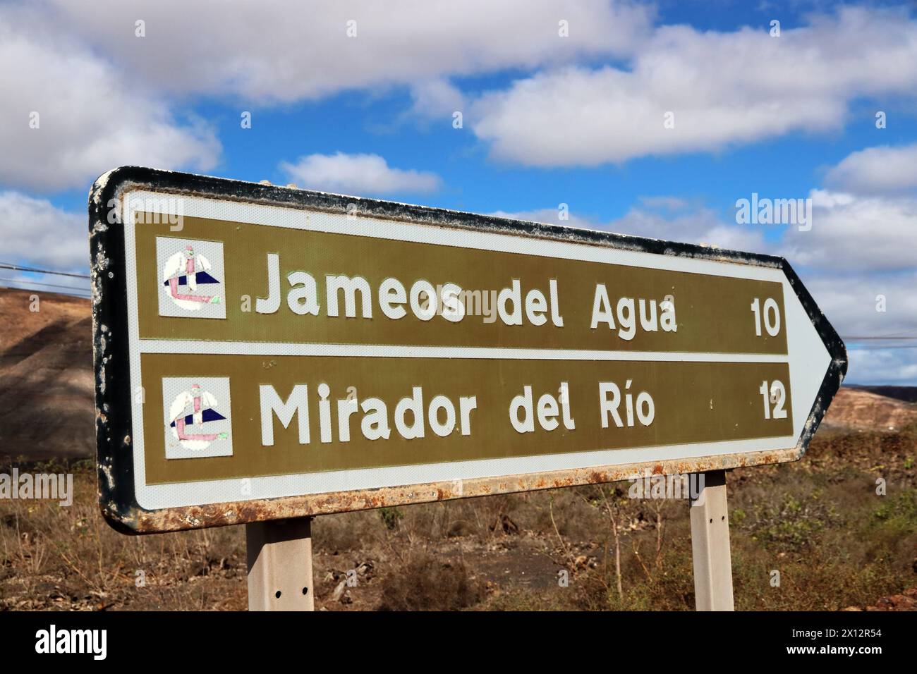 Tourist sign for Jameos del Agua and Mirador del Rio, Lanzarote Stock ...