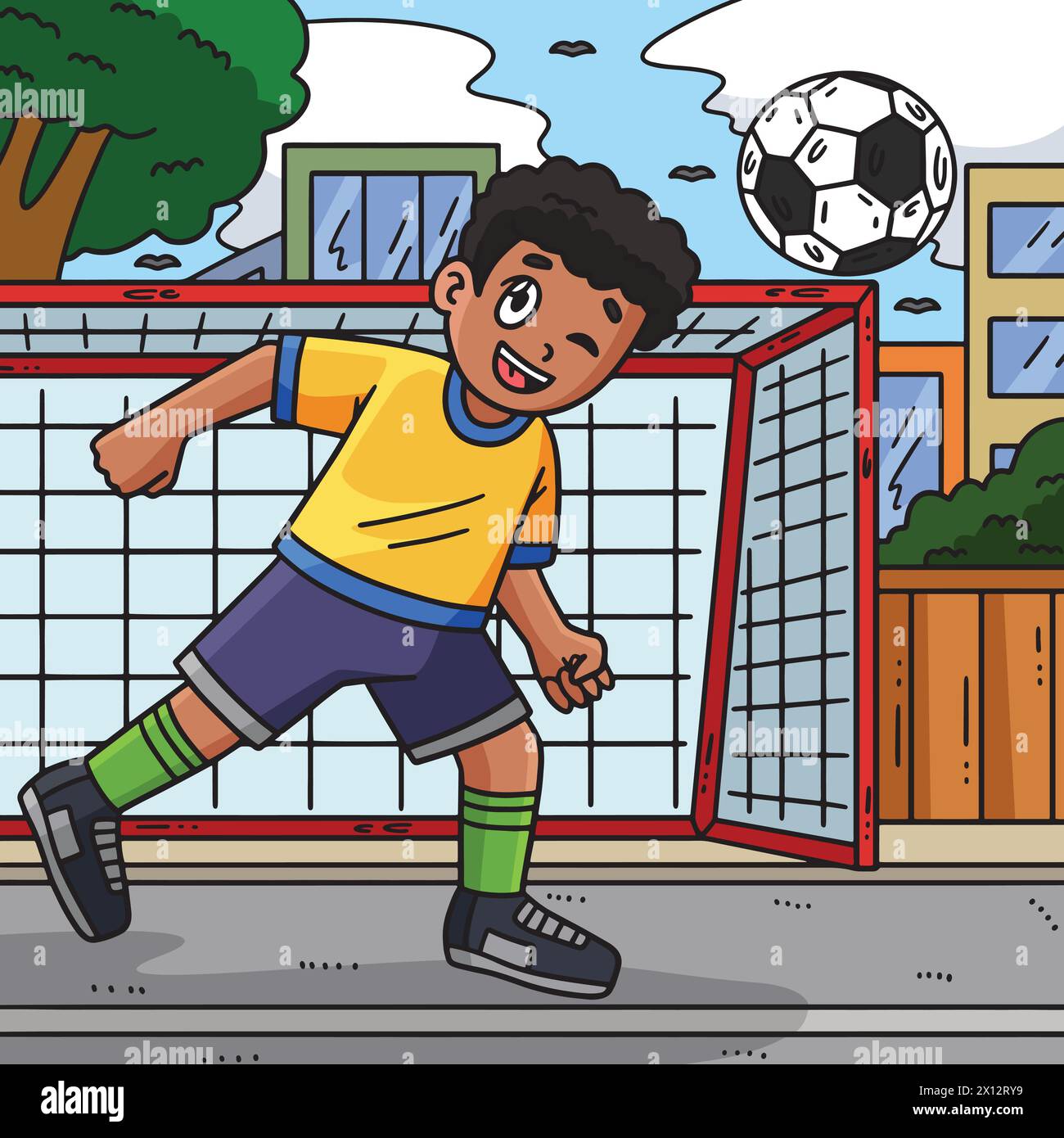 Boy Hitting Soccer Ball with Head Colored Cartoon Stock Vector Image ...