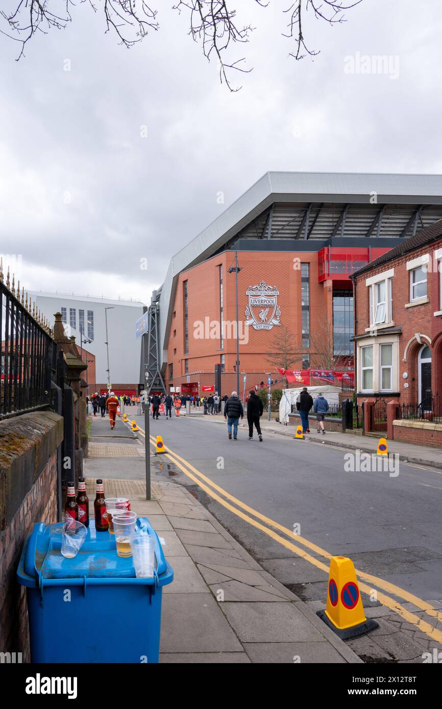 Abandoned beer bottles and glasses on match day near Anfield Stadium ...